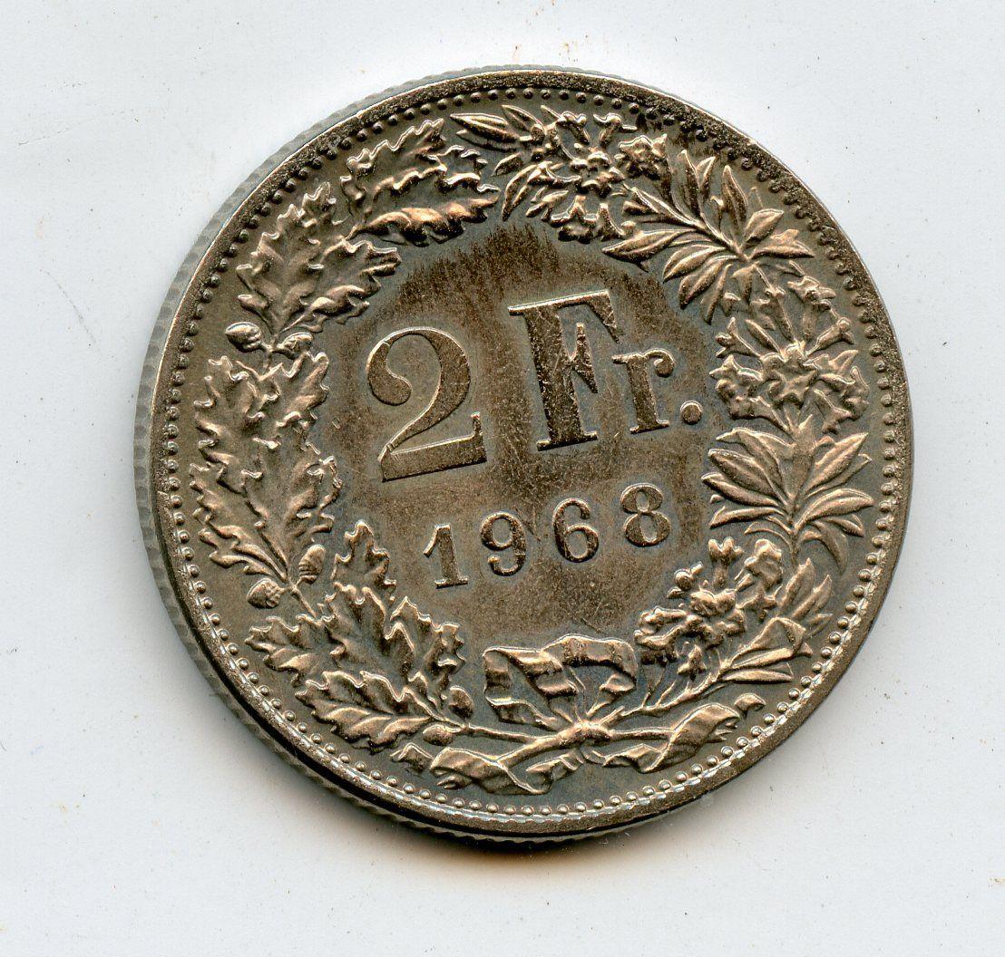 Цена монеты 2 франка (francs) 1968 года Швейцария: стоимость по ...